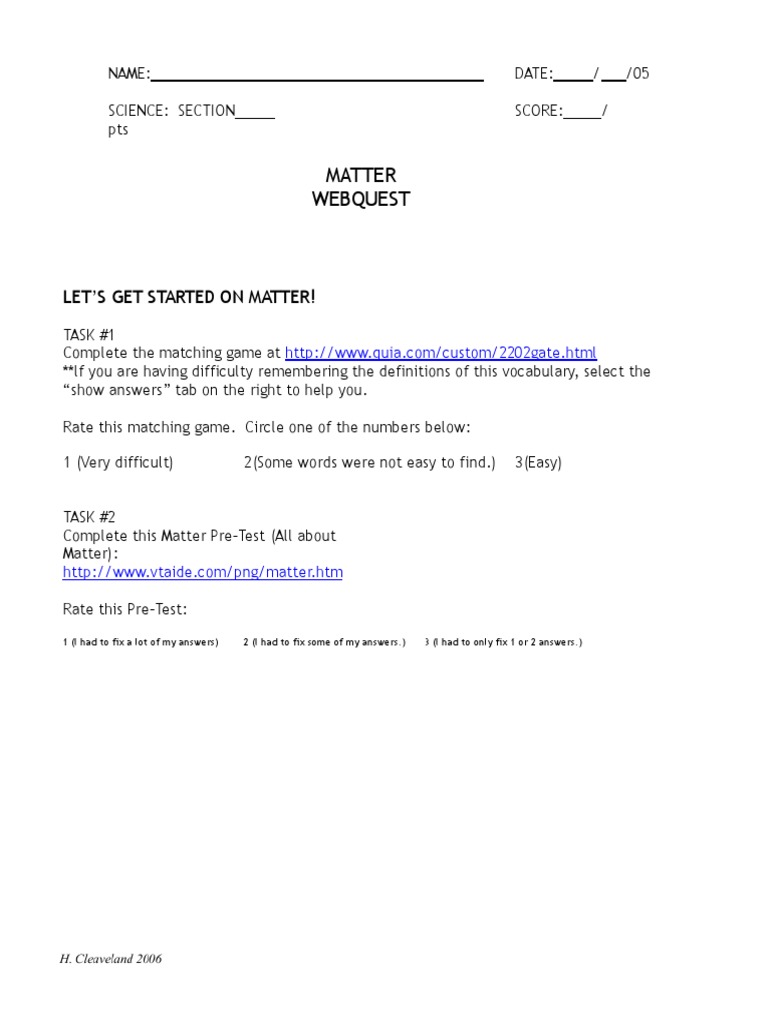 Matter Webquest: Let'S Get Started On Matter! | PDF | Matter | Chemical ...