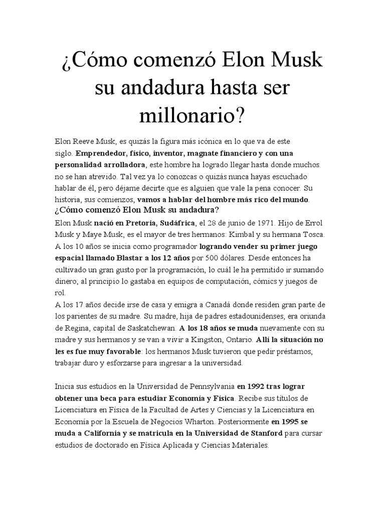 Elon Musk: De programador a millonario | PDF | Elon Musk