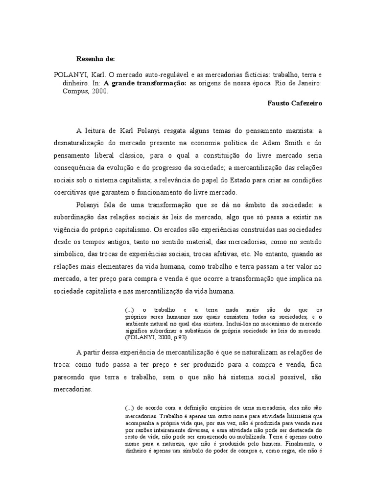 Mercantilização E Sociedade Em Polanyi Pdf Mercado Economia