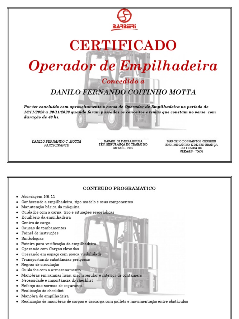 Certificado Empilhadeira - DANILO | PDF