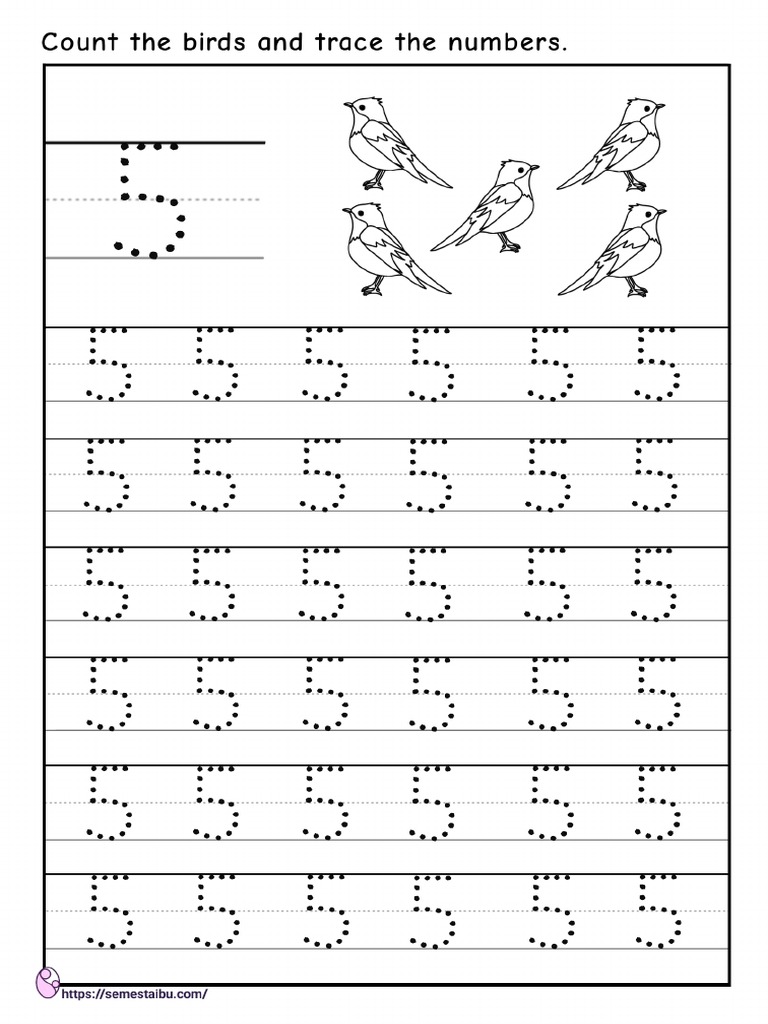 Number Tracing 5 Kindergarten Worksheets | PDF