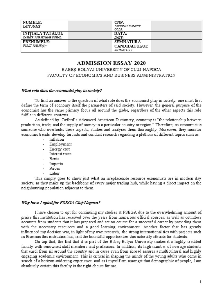 Anexa 3 Eseu Admitere FSEGA 2020 - Format Standard (Lb. Engleza) | PDF ...