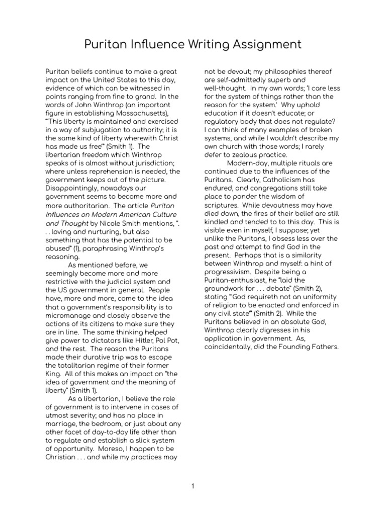 Puritan Influence Writing Assignment | PDF | Puritans | John Winthrop