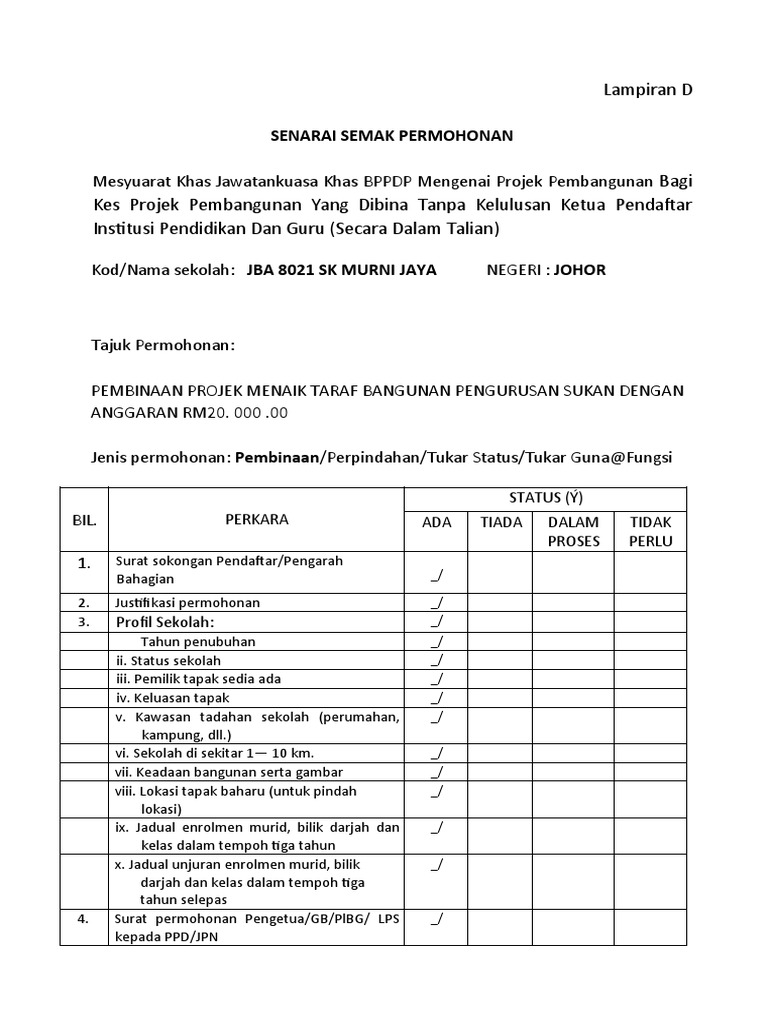Senarai - Semak - Pembinaan - Projek - SK Murni Jaya2 | PDF