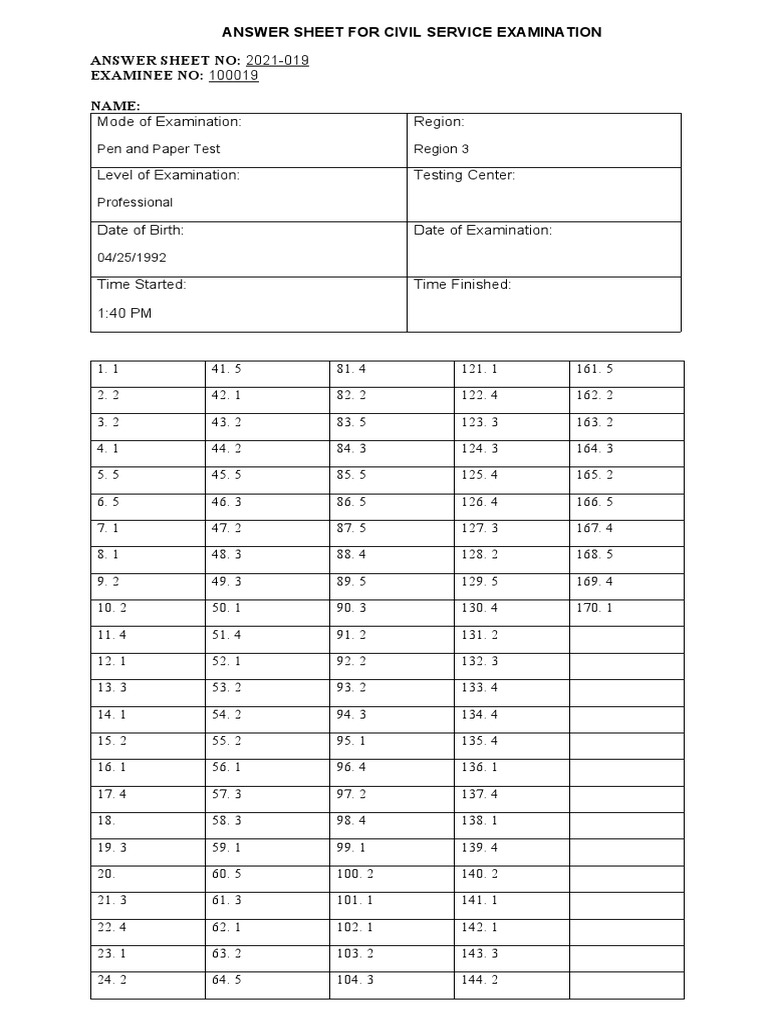 Answer Sheet - Word | PDF