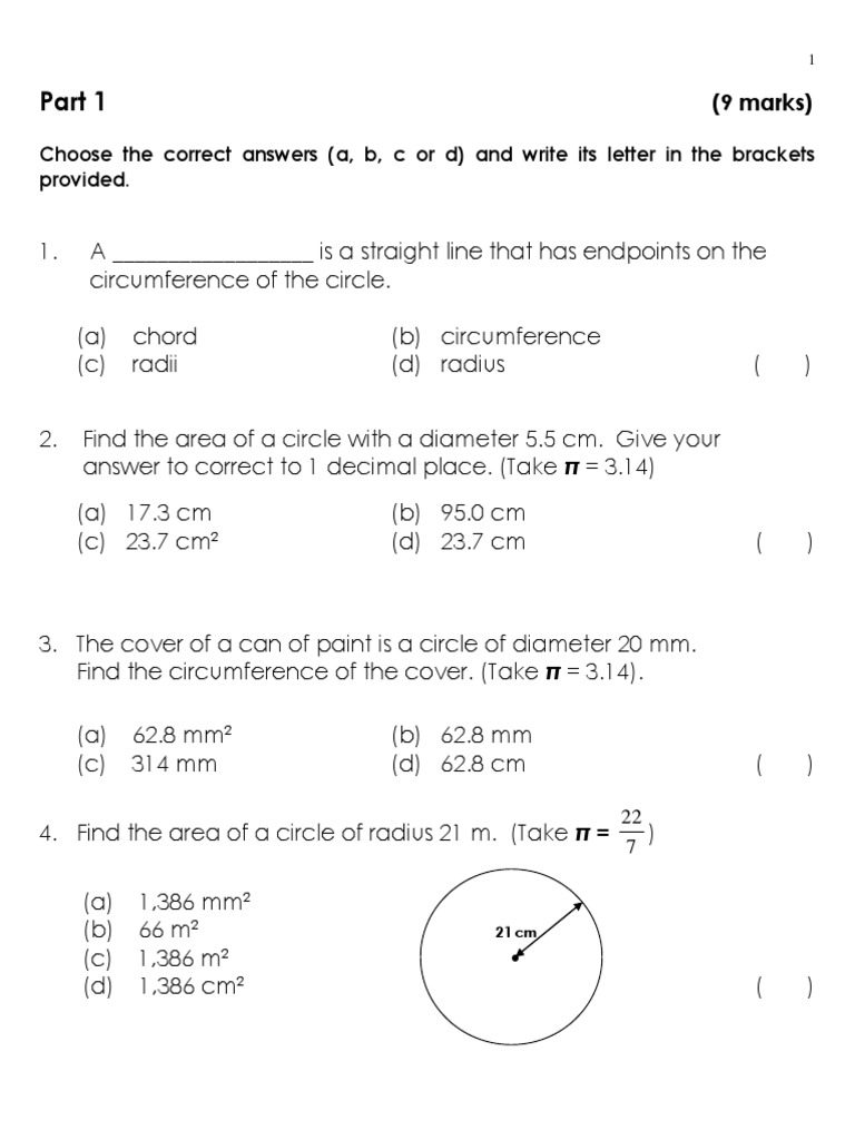 KS3 Quiz (Circles) | PDF | Area | Circle