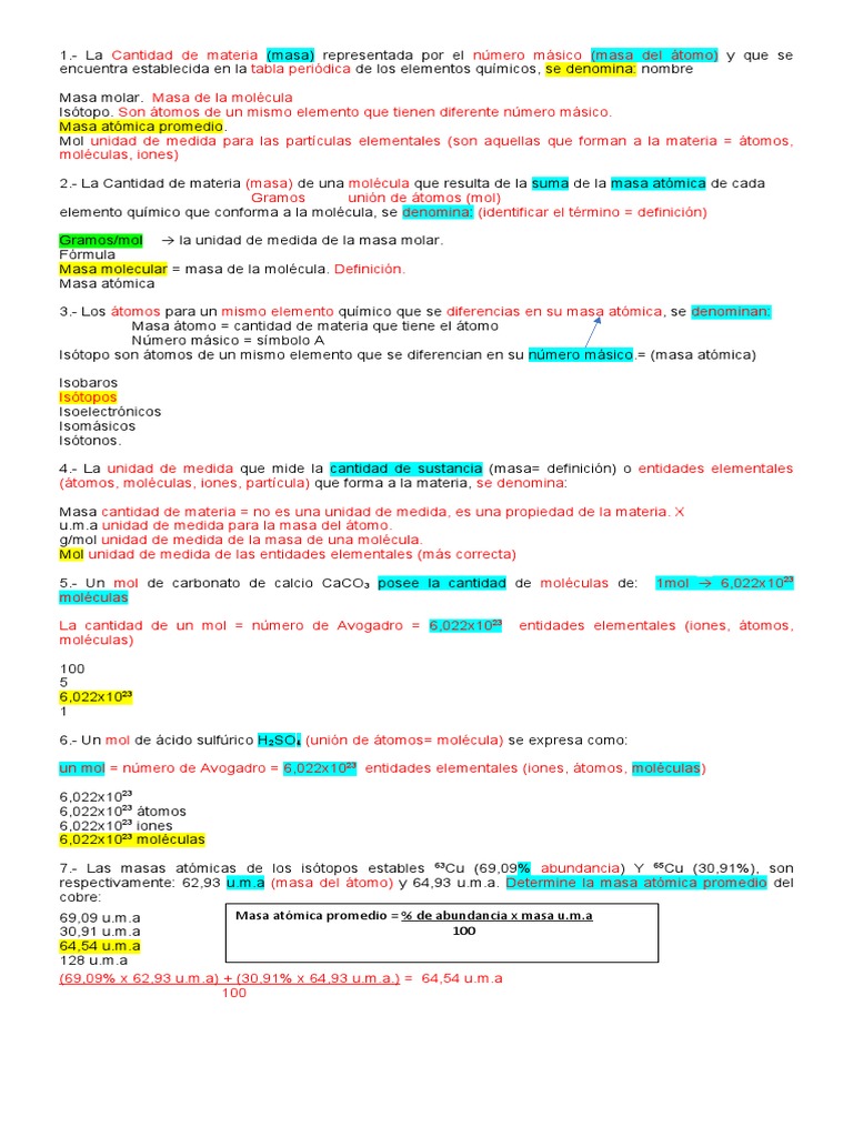 Solucionario Prueba Sumativa Masa Atómica, Masa Molecular y Moles | PDF ...