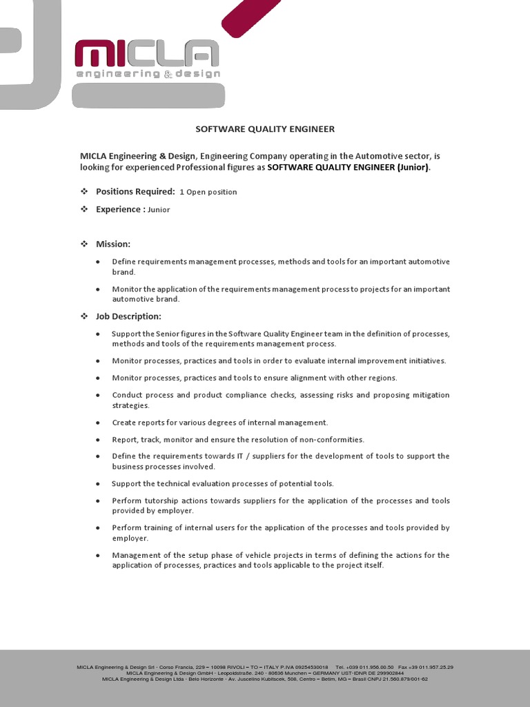 Software Quality Engineer: MICLA Engineering & Design, Engineering ...