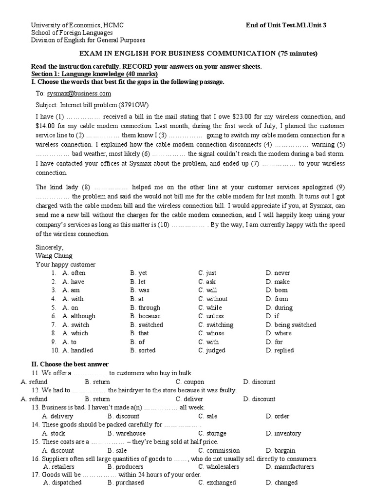 Exam in English For Business Communication (75 Minutes) : End of Unit ...