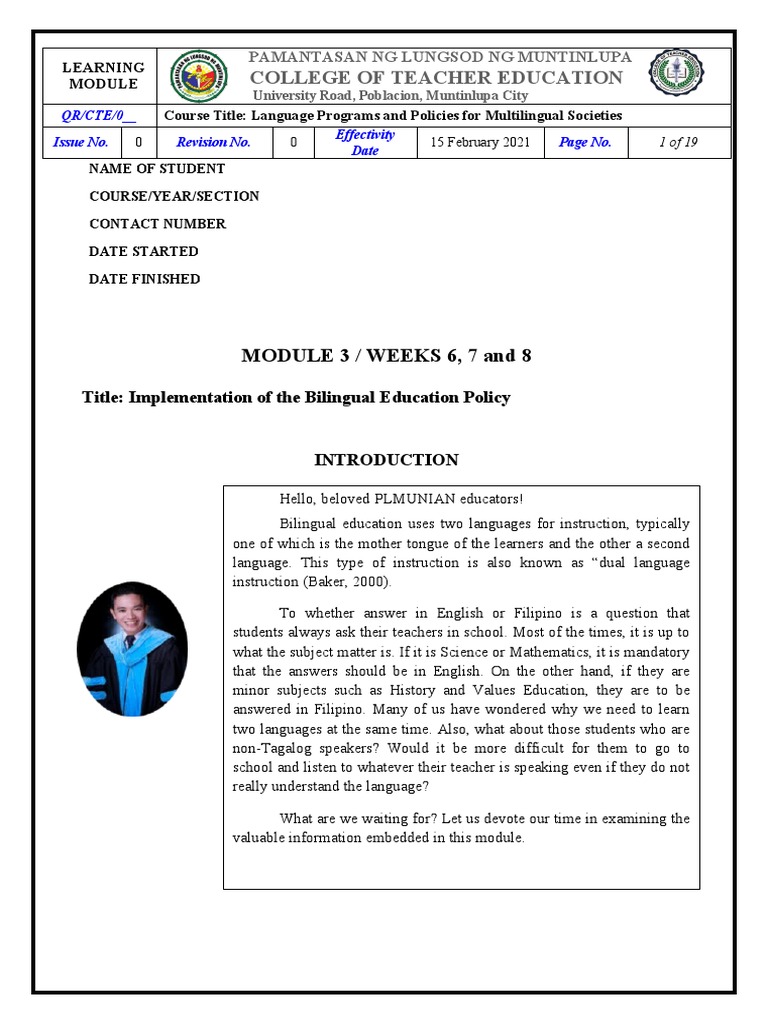 Module 3 - Eng 109 - Language Programs and Policies For Multilingual Societies | PDF ...