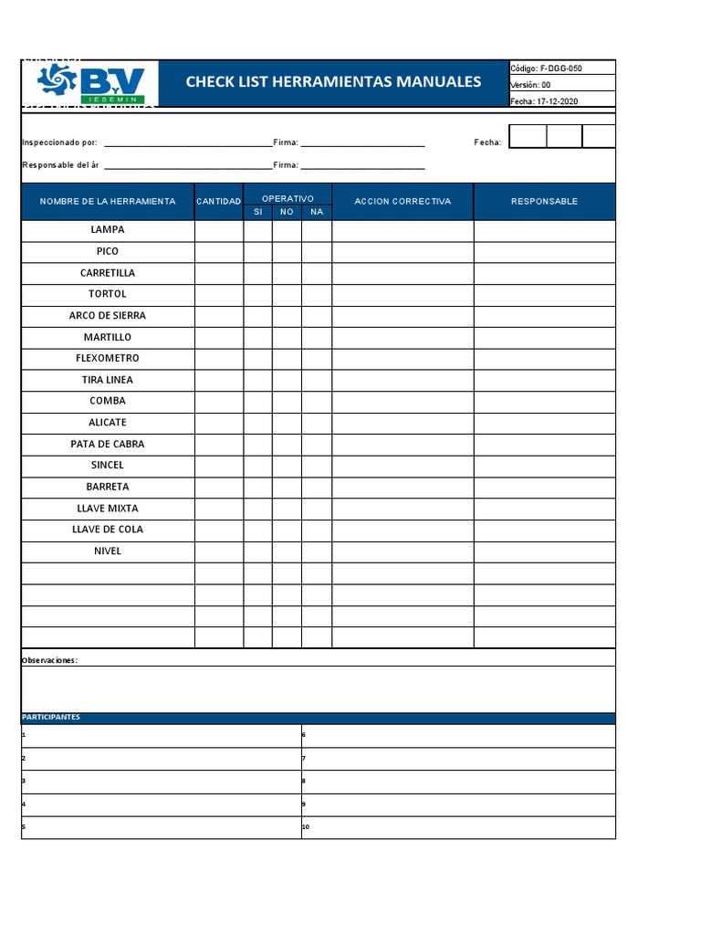 Check List de Herramientas Manuales | PDF