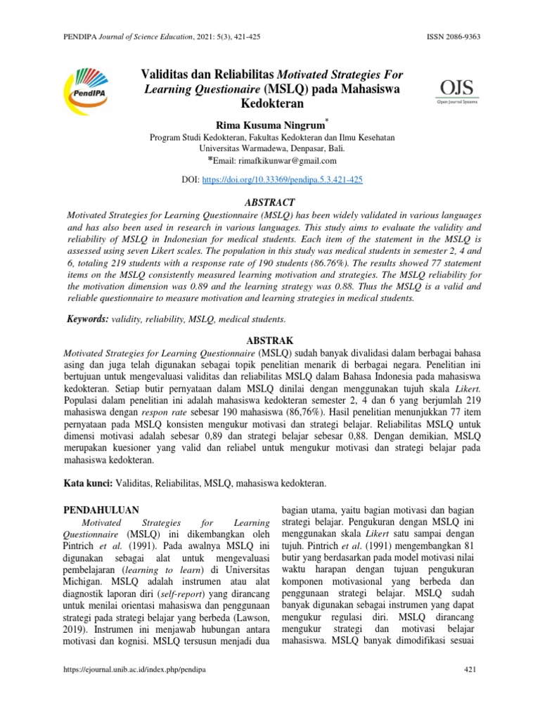 Validitas dan Reliabilitas Motivated Strategies For Learning ...