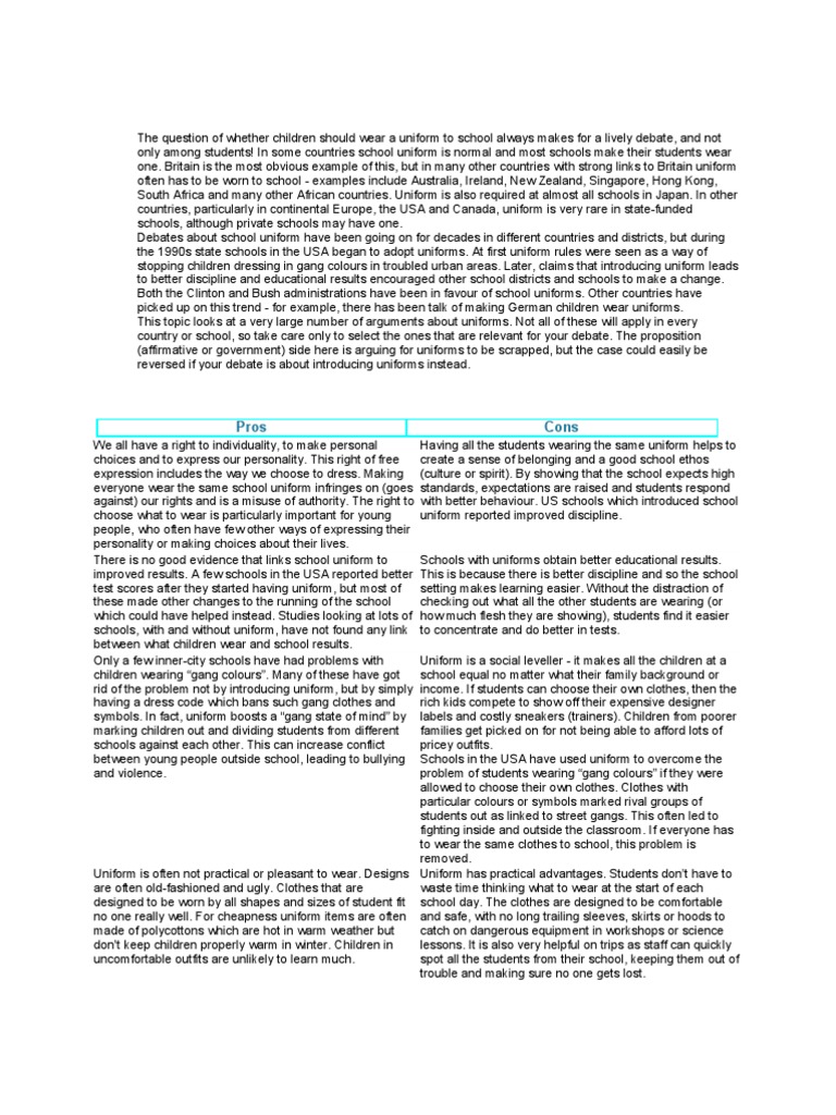 Should School Uniform Be Abolished Debate | PDF | Clothing