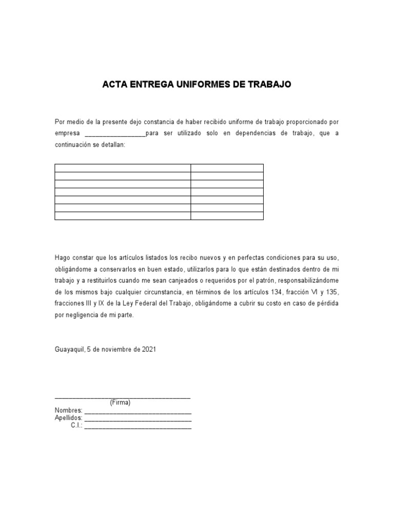 Recibo de Uniformes de Trabajo | PDF