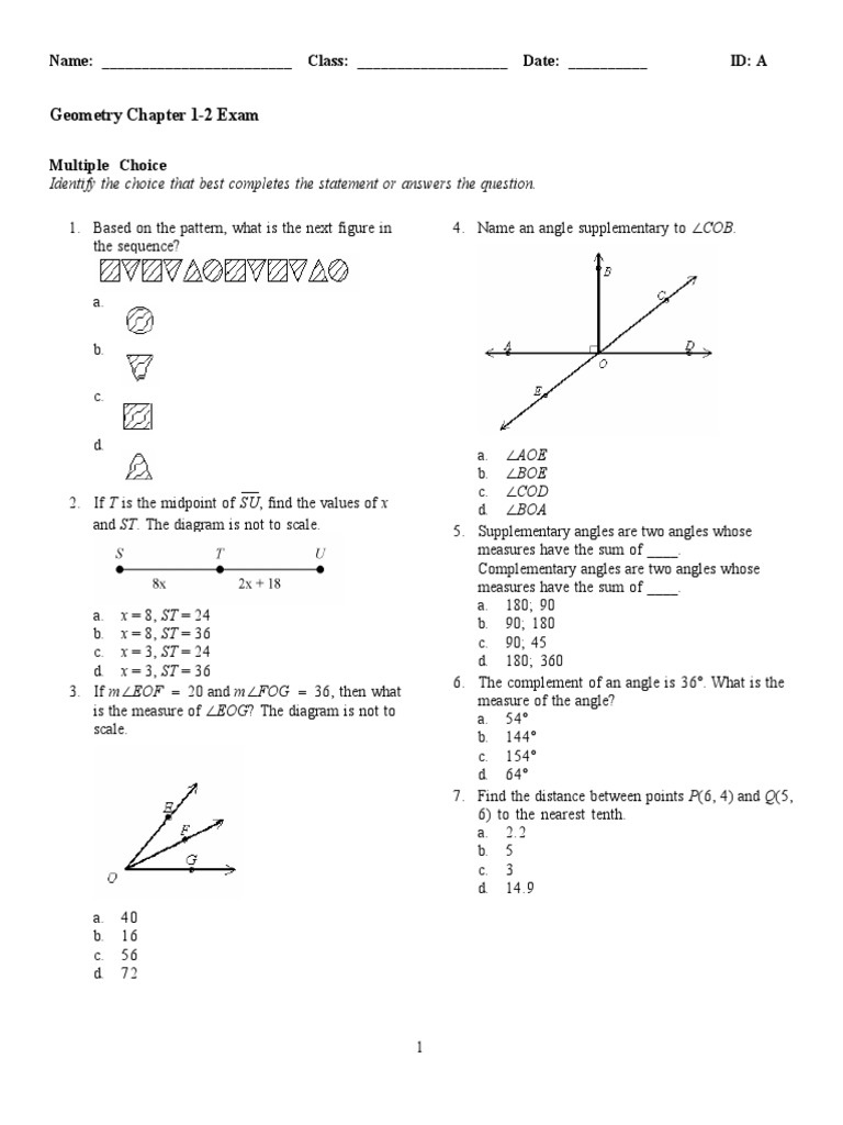 Geometry Chapter 1-2 Exam: Identify The Choice That Best Completes The ...