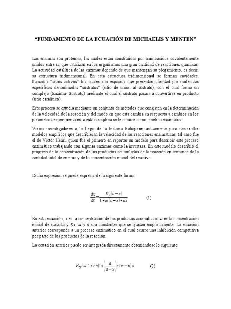 Ecuación de Michaelis-Menten en Cinética Enzimática | PDF | Enzima | La ...