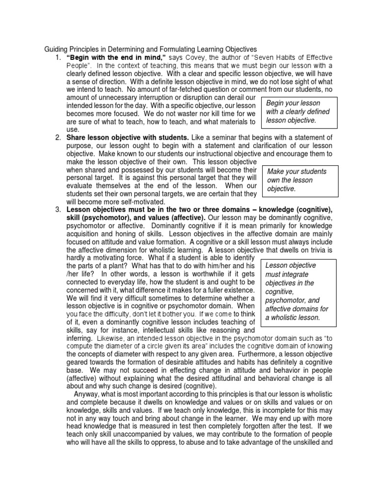 Guiding Principles in Determining and Formulating Learning Objectives ...