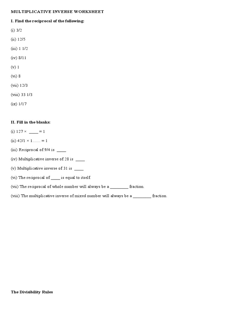 Multiplicative Inverse Worksheet Devisible Rule Caca | PDF | Integer ...