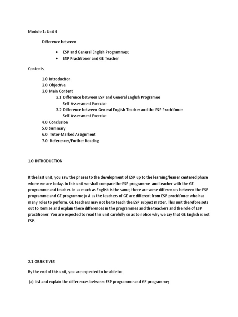 ESP Module 1 Unit 4 | PDF | Teachers | English As A Second Or Foreign ...