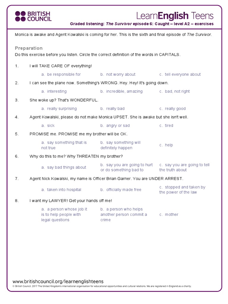 Preparation: Graded Listening: The Survivor Episode 6: Caught - Level ...