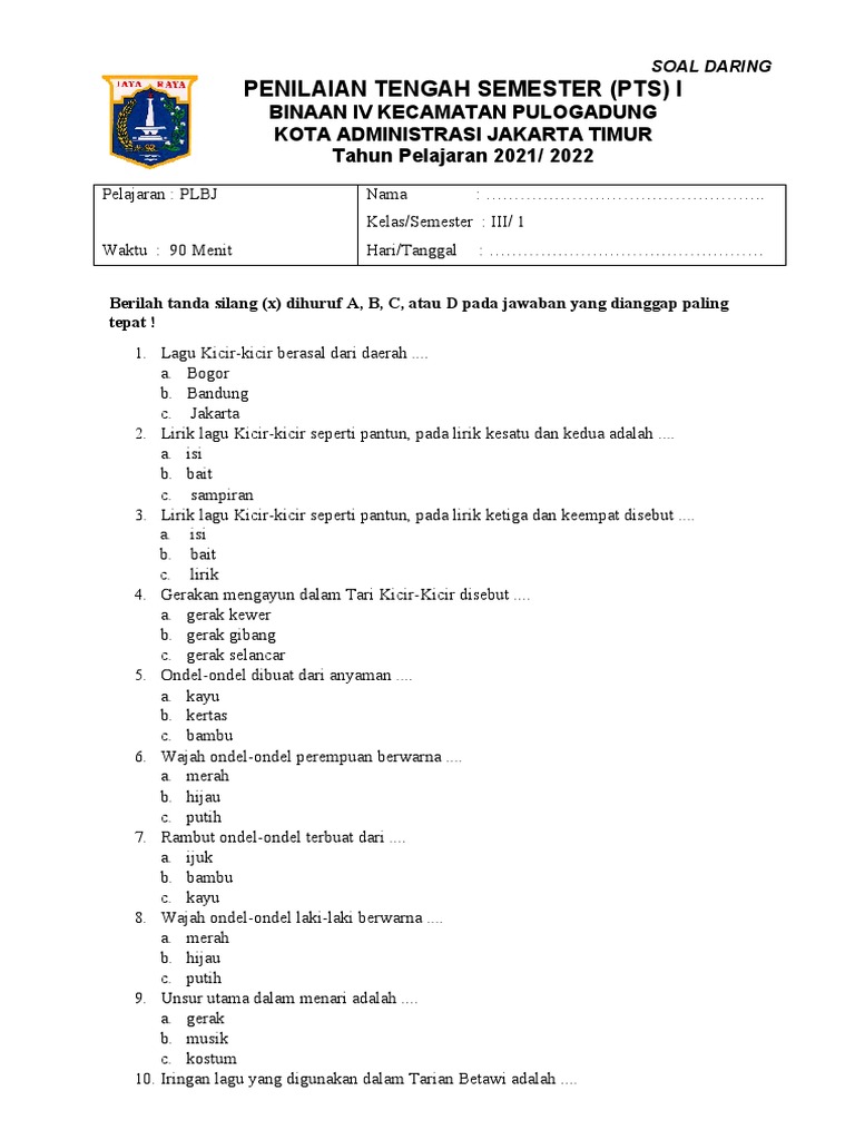 PTS PLBJ Kelas 3 Daring | PDF