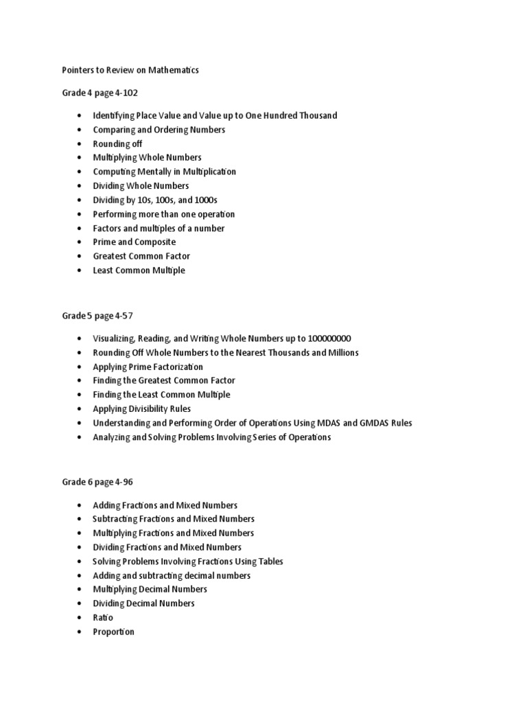 Grade 4-11 Math Review Pointers | PDF | Factorization | Numbers
