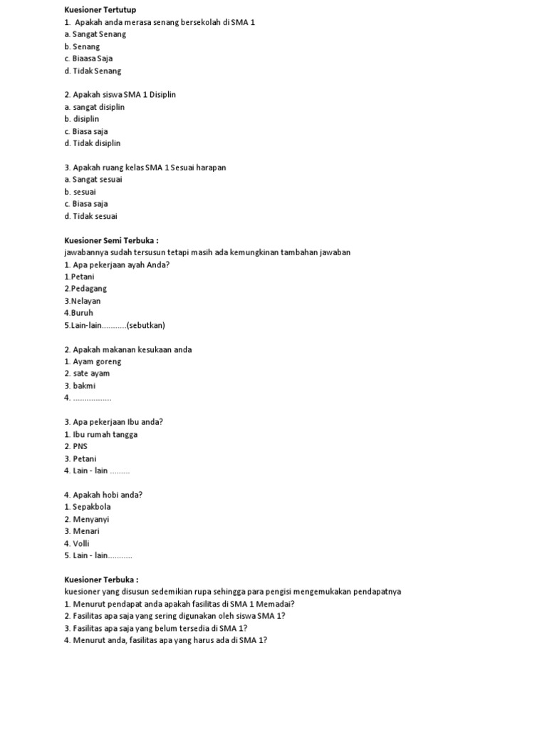 Contoh Berbagai Bentuk Kuesioner | PDF