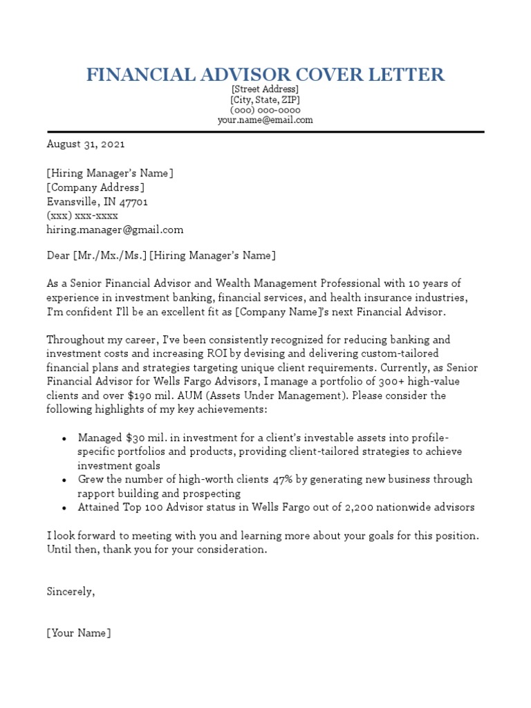 Financial Advisor Cover Letter Example Classic Dark Blue | PDF