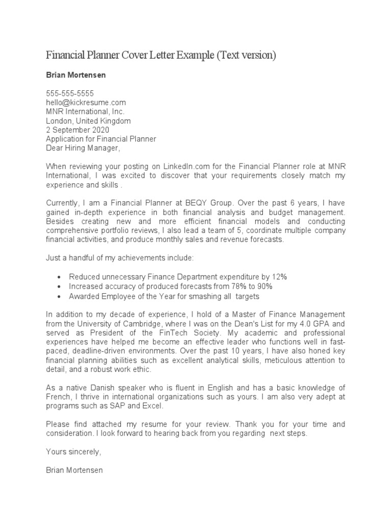 Financial Planner Cover Letter Example | PDF