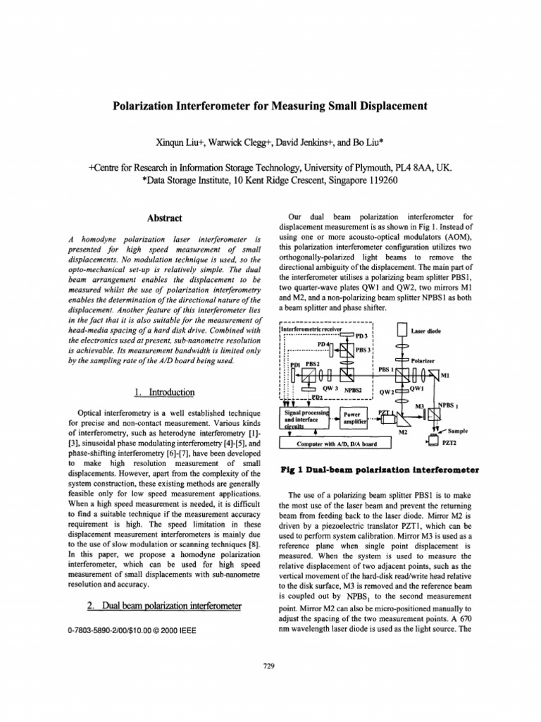 Polarization Interferometer For Measuring Small Displacement | PDF | Interferometry | Optics