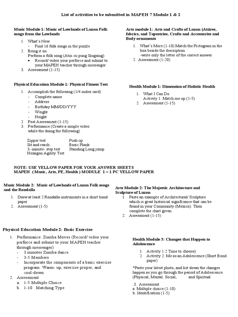 List of Activities To Be Submitted in MAPEH 7 Module 1 & 2 | Download ...