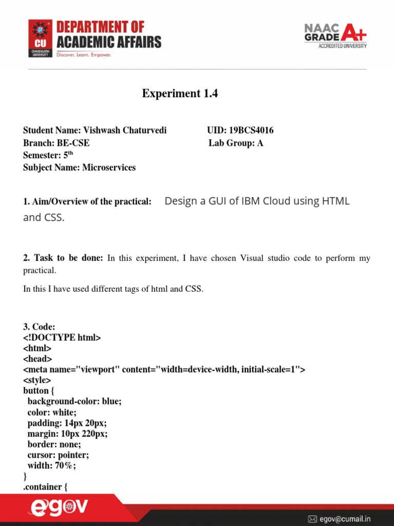 Experiment 1.4: Design A GUI of IBM Cloud Using HTML and CSS | PDF