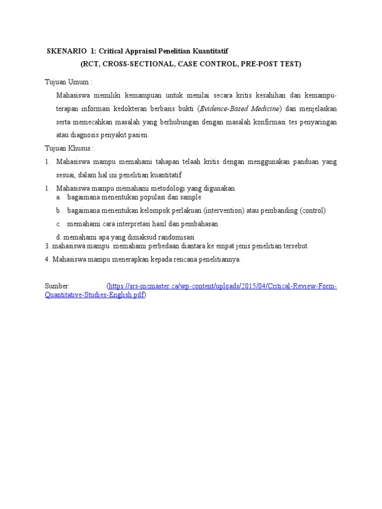 SKENARIO 1: Critical Appraisal Penelitian Kuantitatif (RCT, Cross-Sectional, Case Control, Pre ...