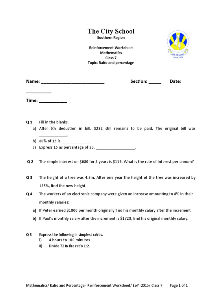 Class 7 Reinforcement Worksheet Ratio and Percentage | PDF | Business