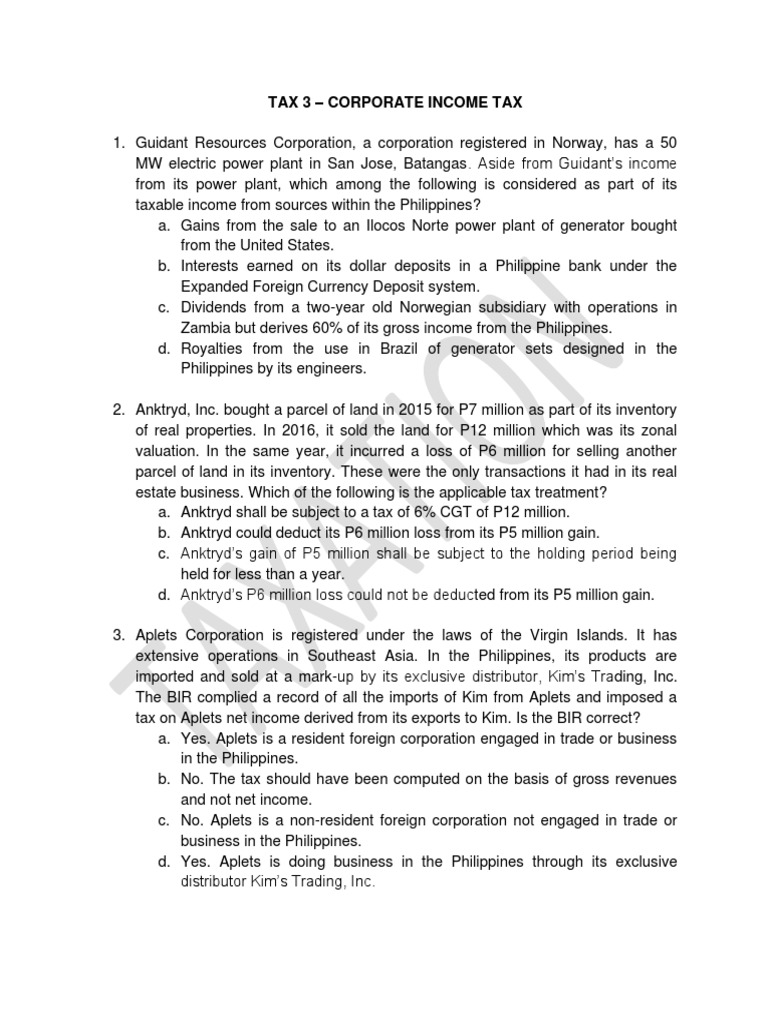 Tax 03 Exercises On Corporate Income Taxation Pdf Dividend Gross