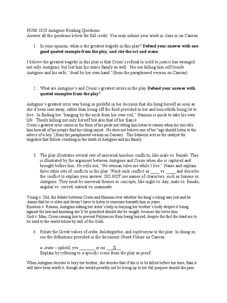 HUM 1020 Assignment Antigone Reading Questions | PDF