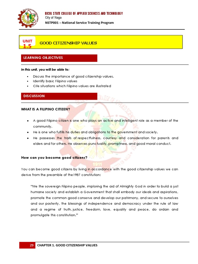 NSTP - CHAPTER 1.5 Good Citizenship Values | PDF | Citizenship | Social ...