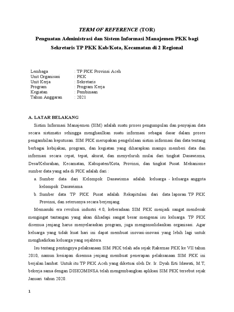 Penguatan SIM PKK Aceh 2021 | PDF