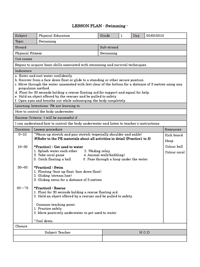 LESSON PLAN - Swimming | PDF | Swimming | Recreation
