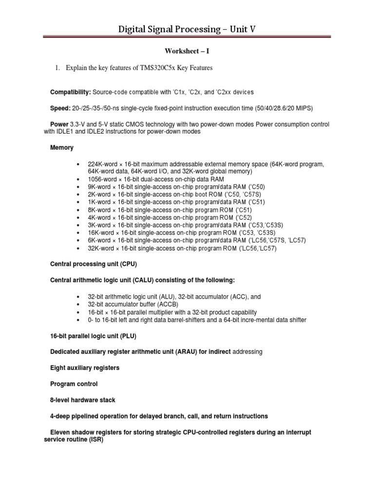 Digital Signal Processing - Unit V: 1. Explain The Key Features of TMS320C5x Key Features | PDF ...