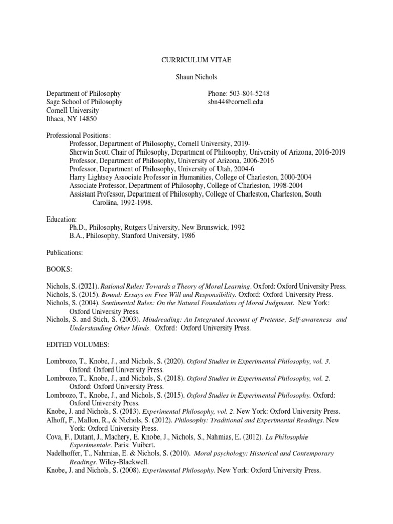CV of Shaun Nichols, Professor of Philosophy | PDF | Mind | Psychology