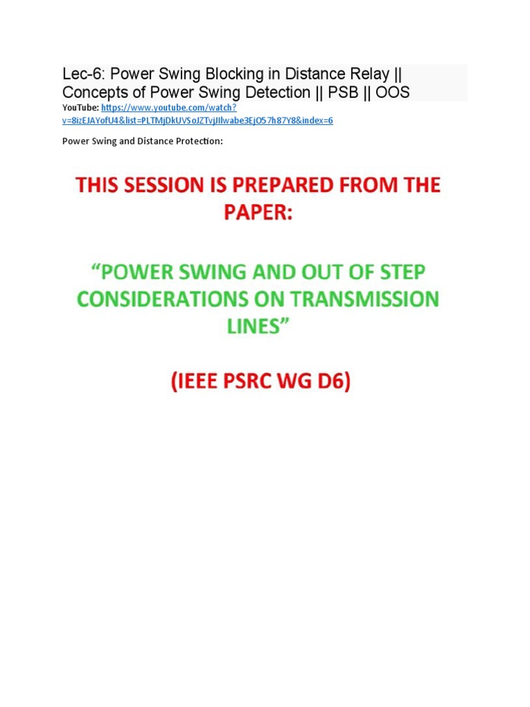 Lec-6 Power Swing Blocking in Distance Relay Concepts of Power Swing Detection PSB OOS | PDF ...
