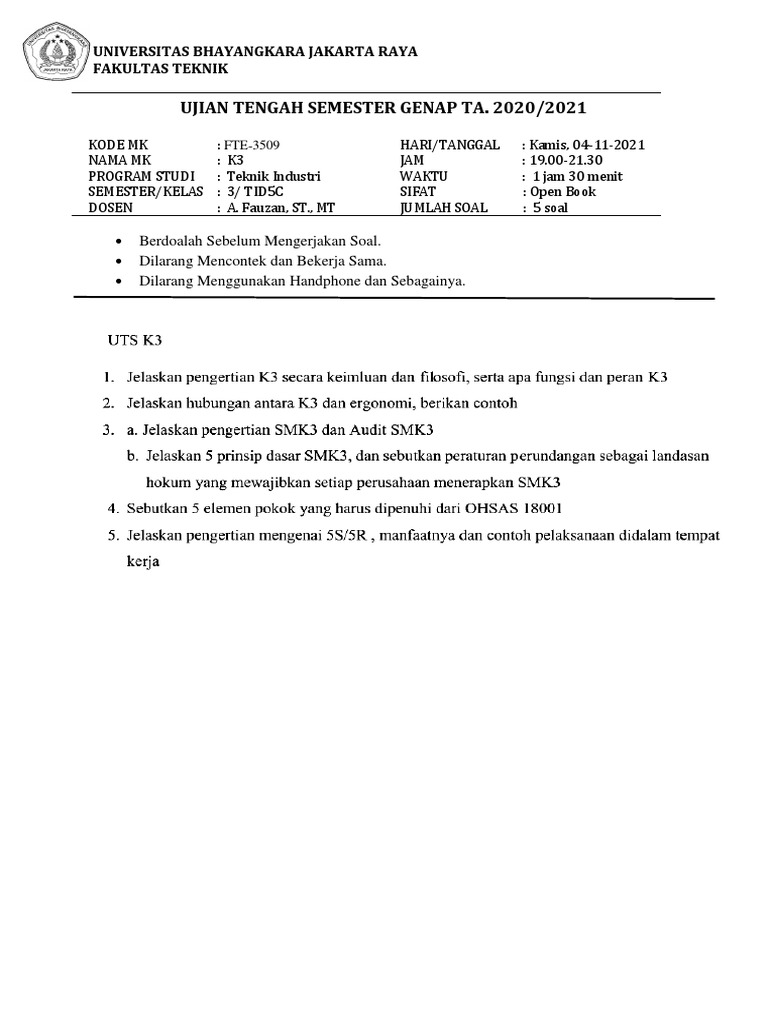 Soal UTS K3 | PDF