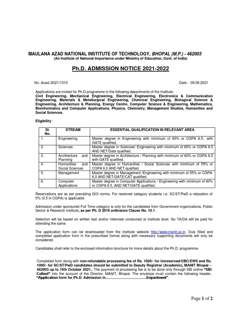 Ph.D. ADMISSION NOTICE 2021-2022: Maulana Azad National Institute of Technology, Bhopal (M.P ...