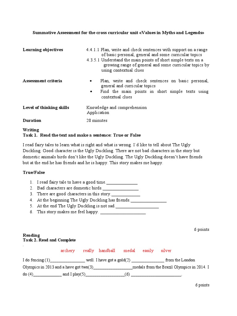 Summative Assessment For The Cross Curricular Unit Values in Myths and ...
