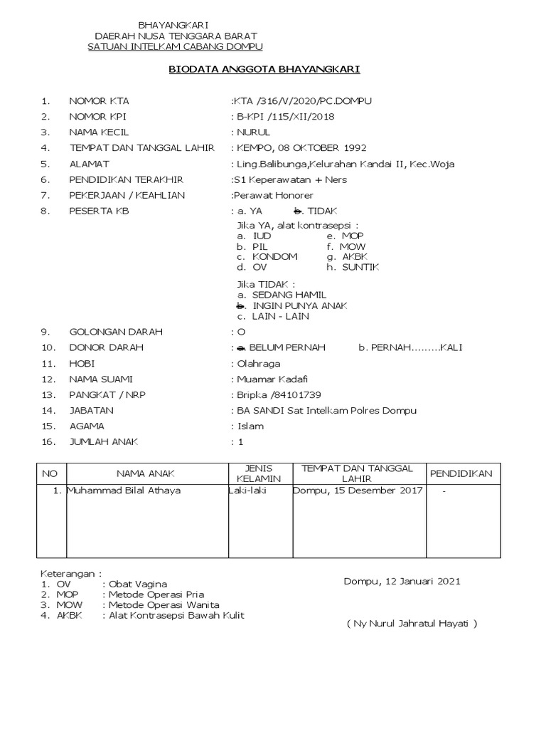 Blangko Biodata Anggota Bhayangkari (Kta) (1) - Dikonversi | PDF