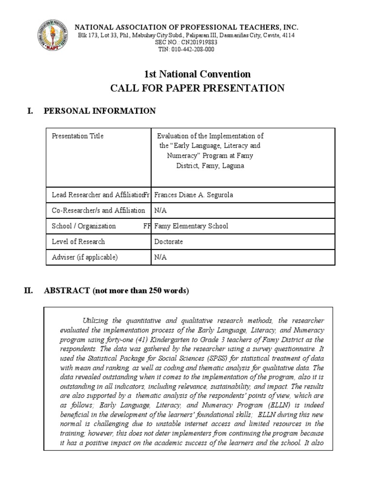 1st National Convention Call For Paper Presentation: I. Personal ...