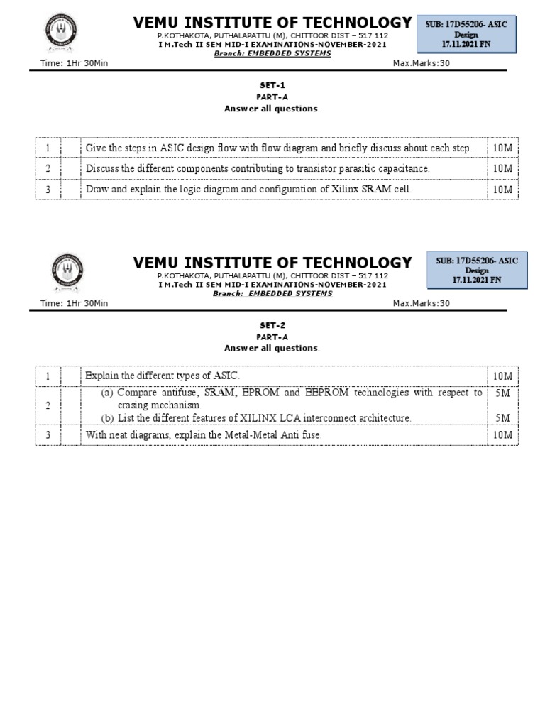 ASIC Design-Mid-1 Questions - 2020-21 - I M.tech I Sem VLSI Design | PDF