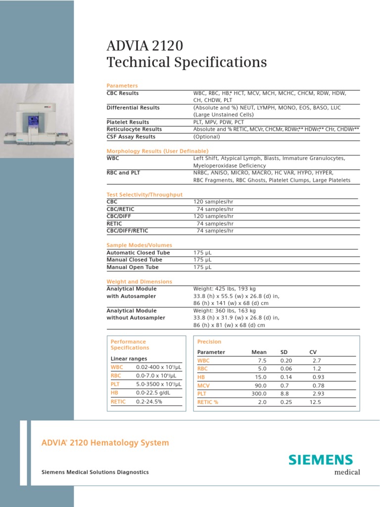 ADVIA 2120 Technical Specifications: Parameters | PDF | Computing
