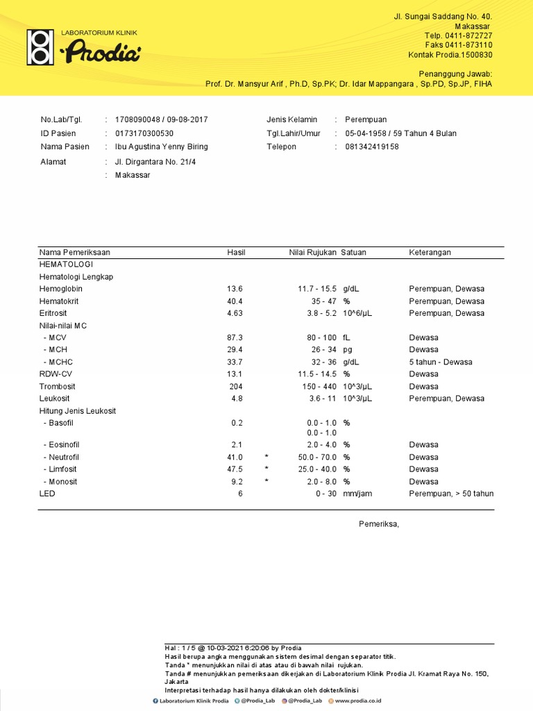 Hasil Lab Lengkap Pasien Prodia | PDF